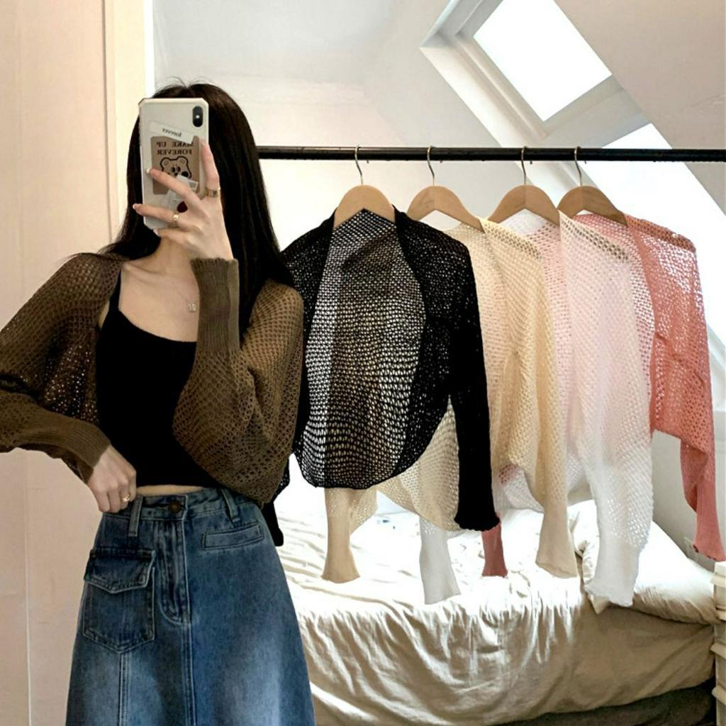 [W0026] เสื้อคลุม แขนยาว ผ้าไหมพรม ถักตาข่าย แบบบาง สไตล์เกาหลี เสื้อแฟชั่นผู้หญิง คาร์แกนแขนยาว ...