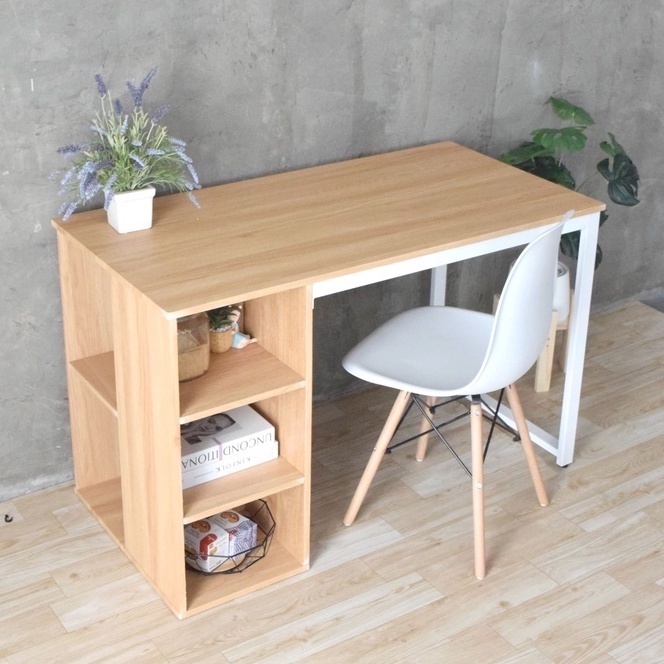 โต๊ะไม้ เสริมโครงเหล็ก สำหรับนั่งทำงาน มีชั้นวางของด้านข้าง 5 ช่อง ...