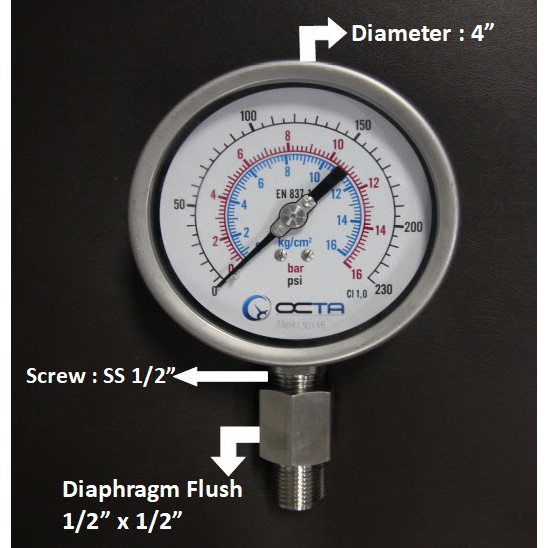 OCTA Pressure Gauge 4" + Flush Diaphragm เกจวัดแรงดัน หน้าปัด4″ เกลียว ...