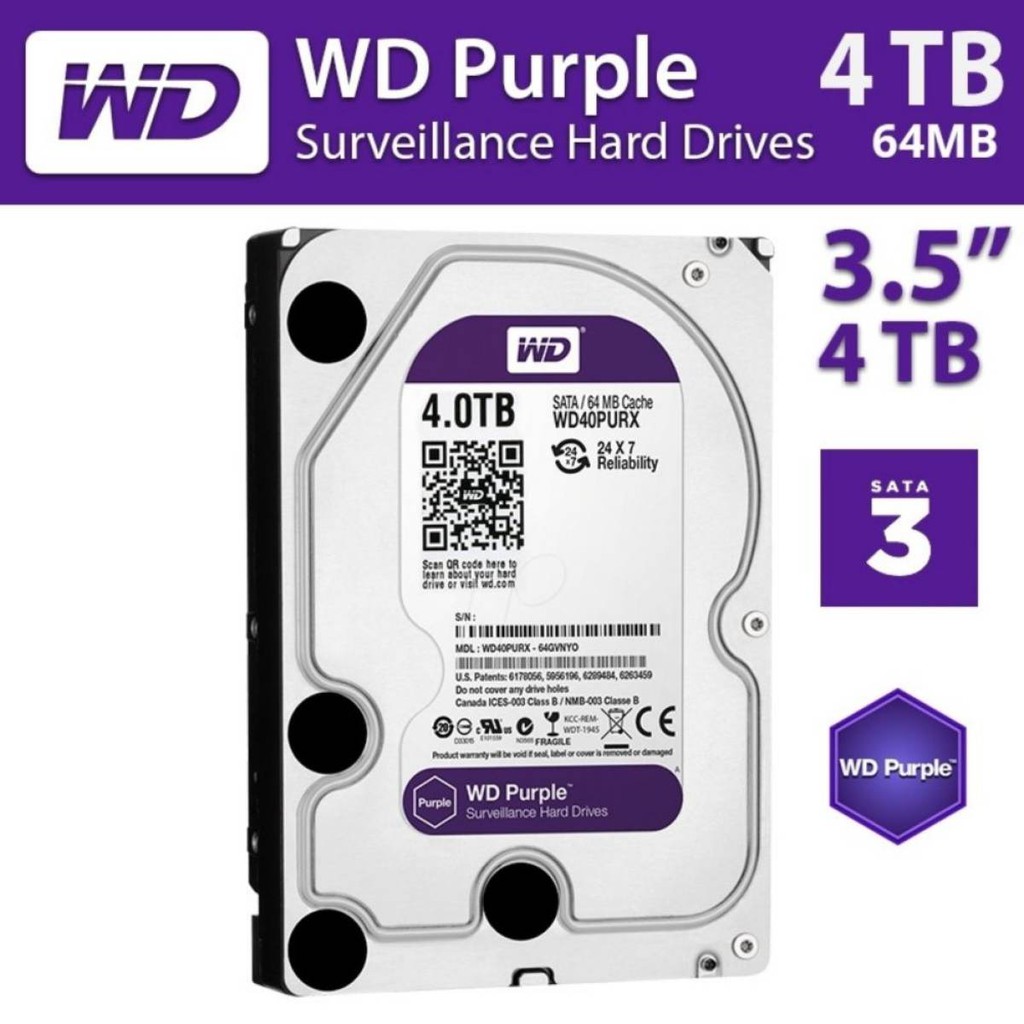 4TB HDD (ฮาร์ดดิสก์กล้องวงจรปิด) WD PURPLE 5400RPM SATA3 (WD42PURZ) (WD43PURZ) รับประกัน 3 - Y ...