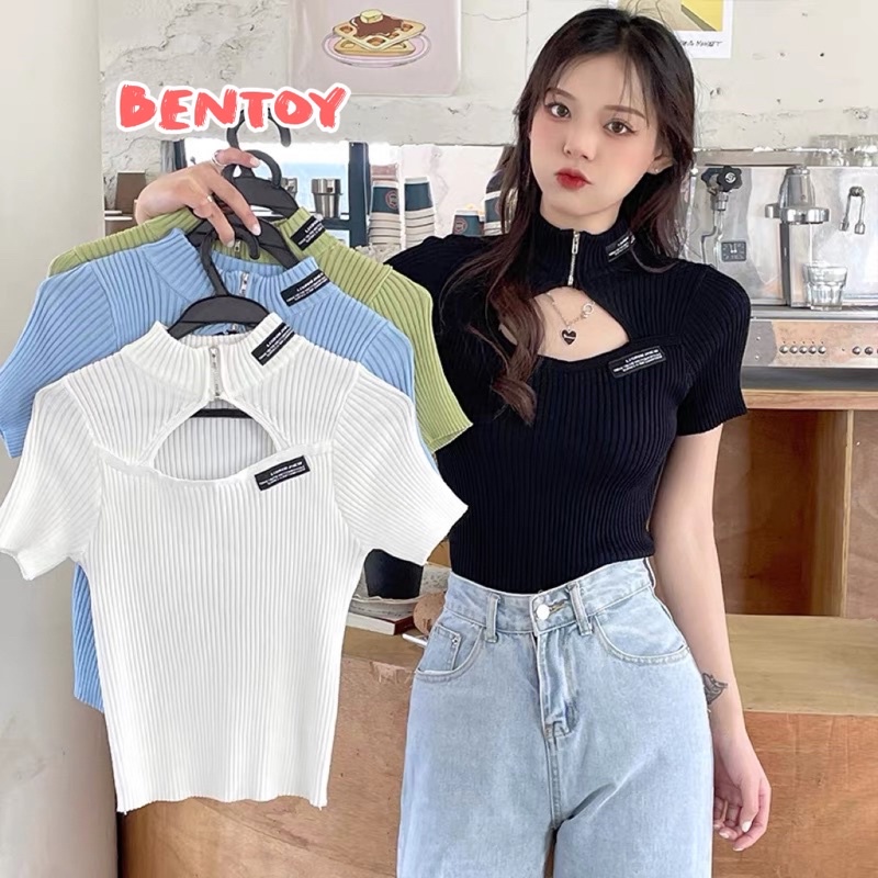 Bentoy(3555)เสื้อไหมพรมแขนสั้น คอเต่าแต่งซิปรุด ดีเทลโชว์หน้าอก | Shopee Thailand