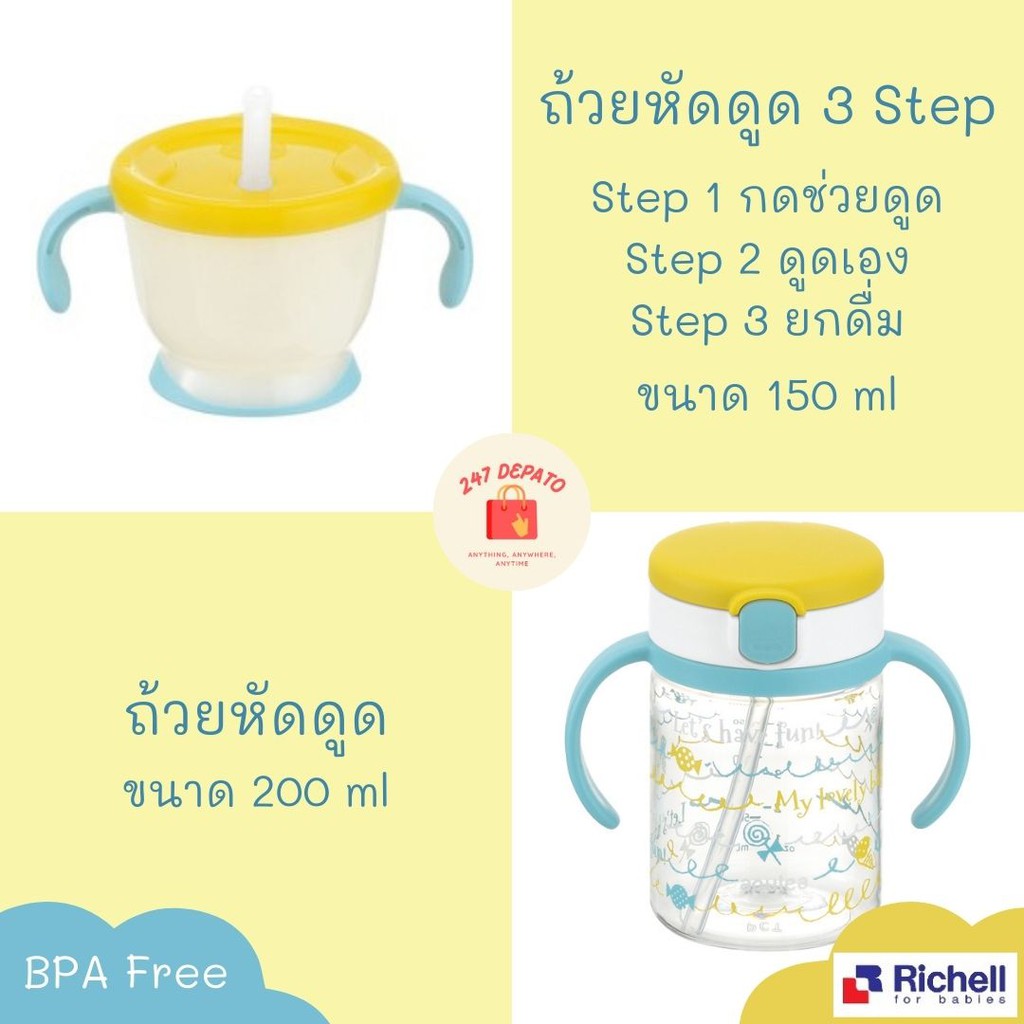 แก้วหัดดื่ม Richell ถ้วยฝึกดูด ฝึกดูดหลอด รุ่น AQULEA ขนาด 150/ 200/ 320/ 450 ml ริเชล มีปุ่มกด ...