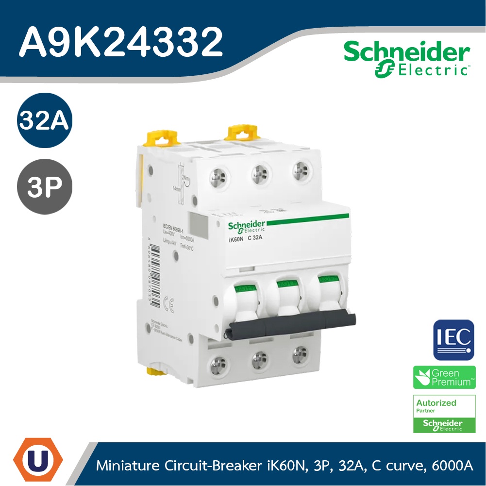 Schneider Electric - Miniature Circuit-Breaker, Acti9 iK60N, 3P, 32A, C Curve, 6000A : A9K24332 ...