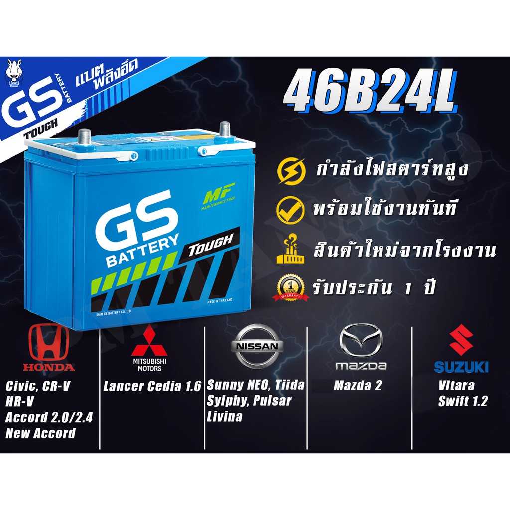46B24L 45 แอมป์ GS Battery แบตเตอรี่รถยนต์ กึ่งแห้ง แท้ ใหม่ ไม่ต้องเติมน้ำ พร้อมใช้ แบตรถยนต์ ...