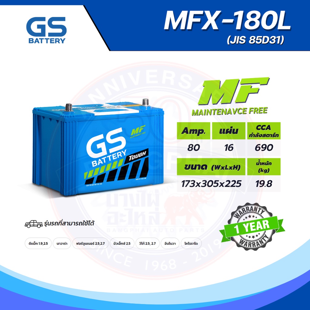 แบตเตอรี่ GS MFX-180L (MF:MFX) 80Amp. (JIS 85D31) | Shopee Thailand