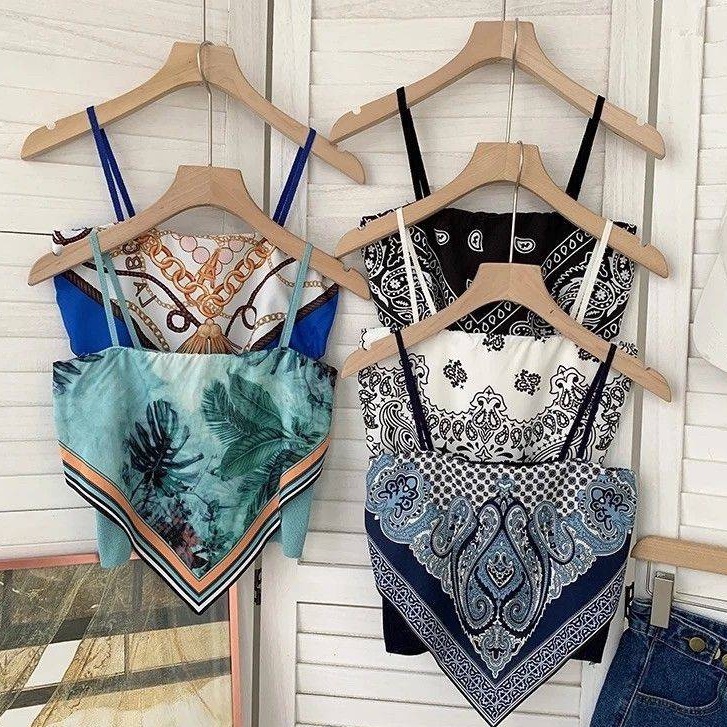 SHOP_MKL🌿เสื้อสายเดี่ยวเกาะอก ทรงสามเหลี่ยม เสื้อแฟชั่น ลวดลายสวยงาม #32036-1 | Shopee Thailand