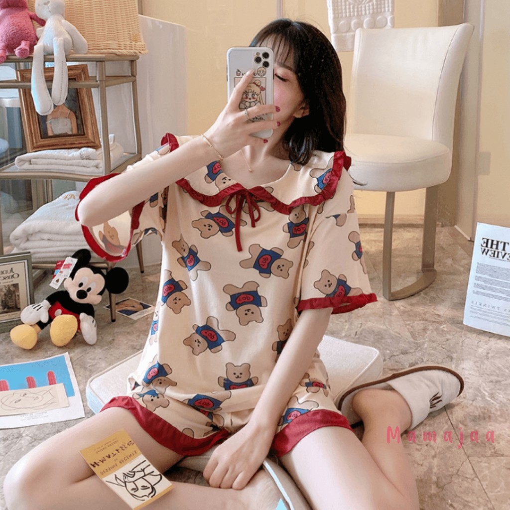 ชุดนอนคอบัว ลายตุ๊กตาหมี สีแดง Shopee Thailand