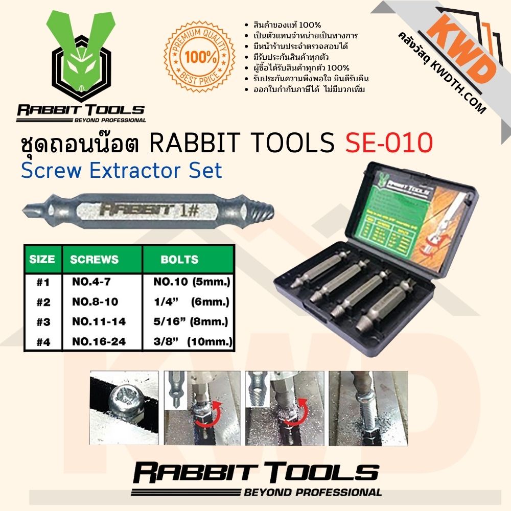 ชุดถอนน๊อต/สกรู RABBIT TOOLS SE-010 Screw Extractor Set (4ตัว/ชุด ...