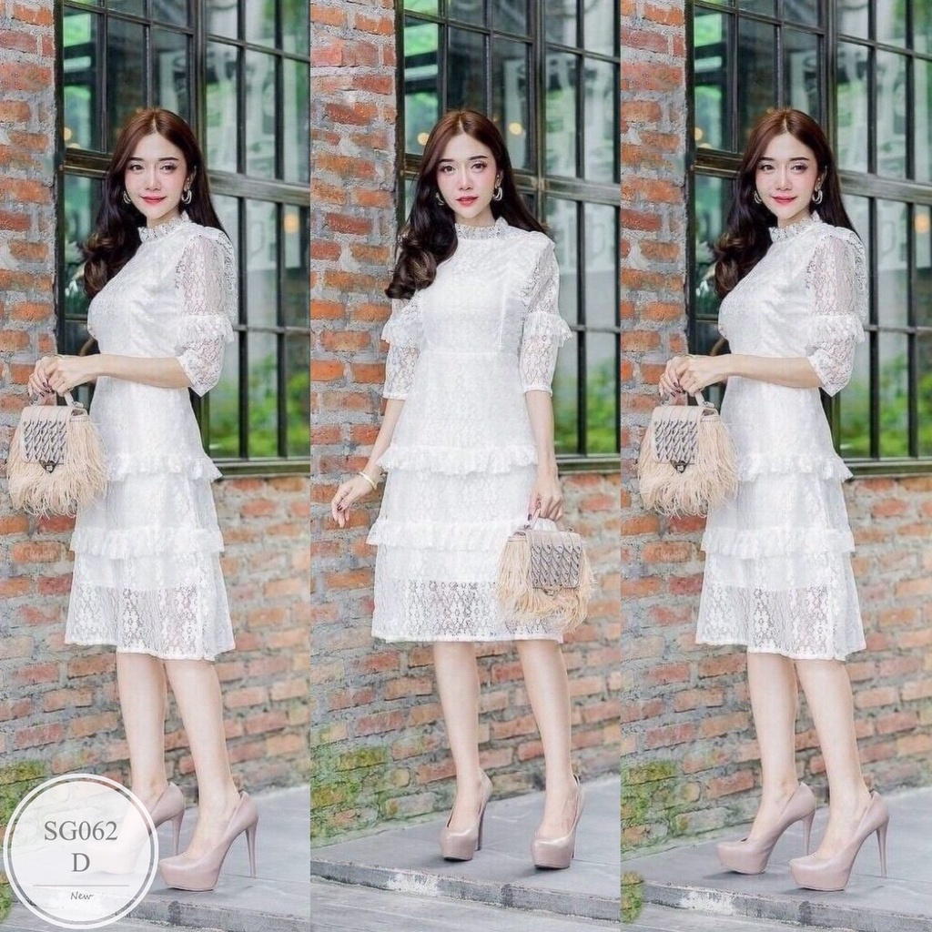 SG062 เดรสตัวยาวสีขาว แต่งระบายขอบ ด้านข้าง 2 ข้าง | Shopee Thailand