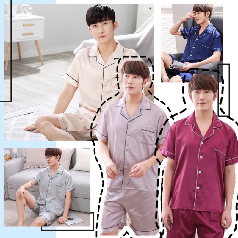 ชุดนอนผู้ชายผ้าซาตินเเขนสั้น ขาสั้นPremium แบบหนา Moo1 | Shopee Thailand