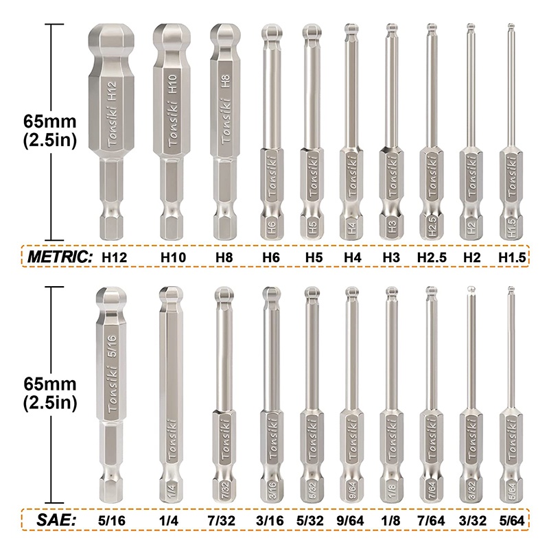 20Pcs Ball End Hex Screwdriver Bits Set 65mm Length SAE and Metric Hex ...