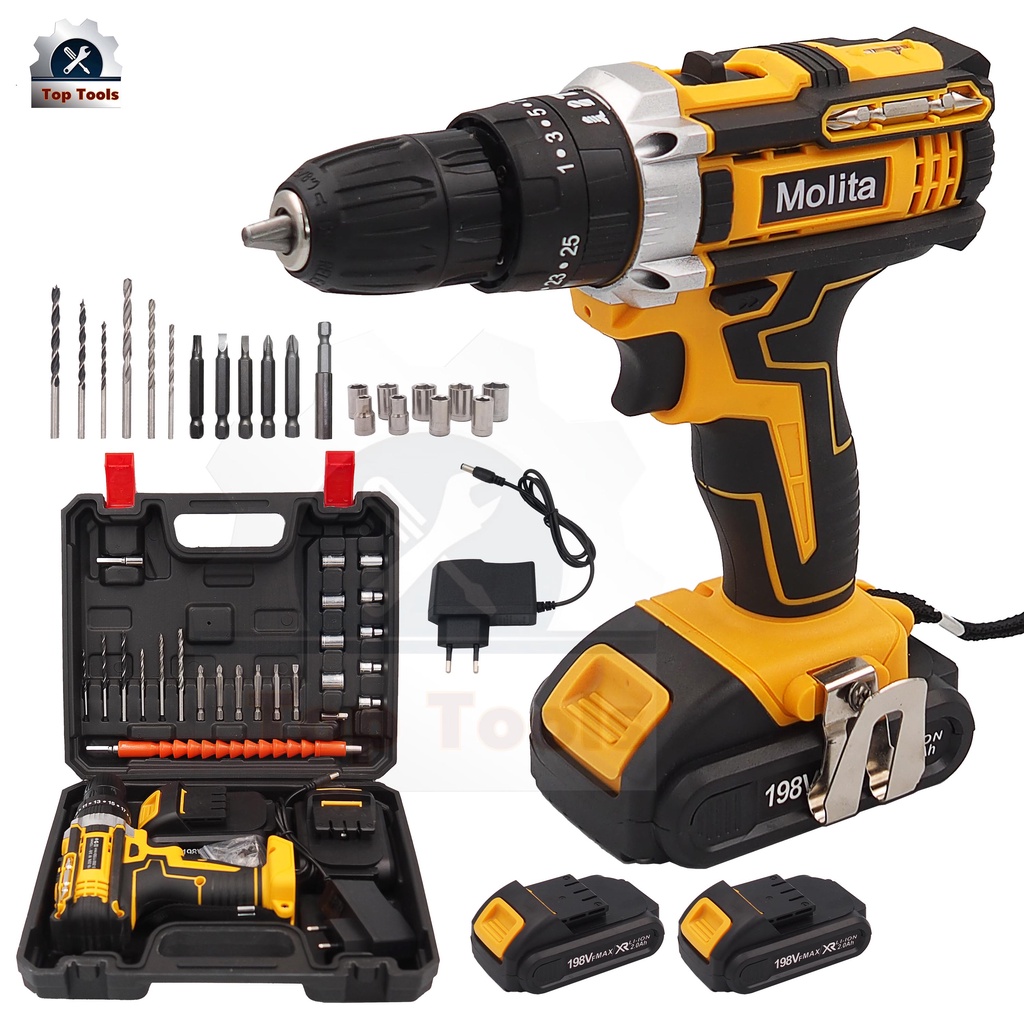 MOLITA สว่านไร้สาย สว่าน 198V 3 ระบบ มีระบบกระแทก แบตเตอรี่ Li-ion อย่างดี 2ก้อน พร้อม ดอกสว่าน ...