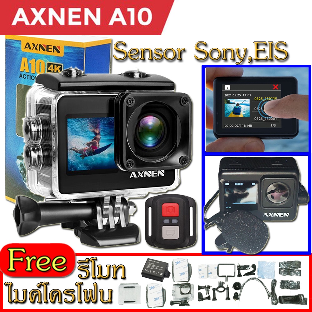 Axnen A10 4K กล้อง Action camera เซนเซอร์ Sony กล้องติดหมวก Duo LCD ต่อ ...