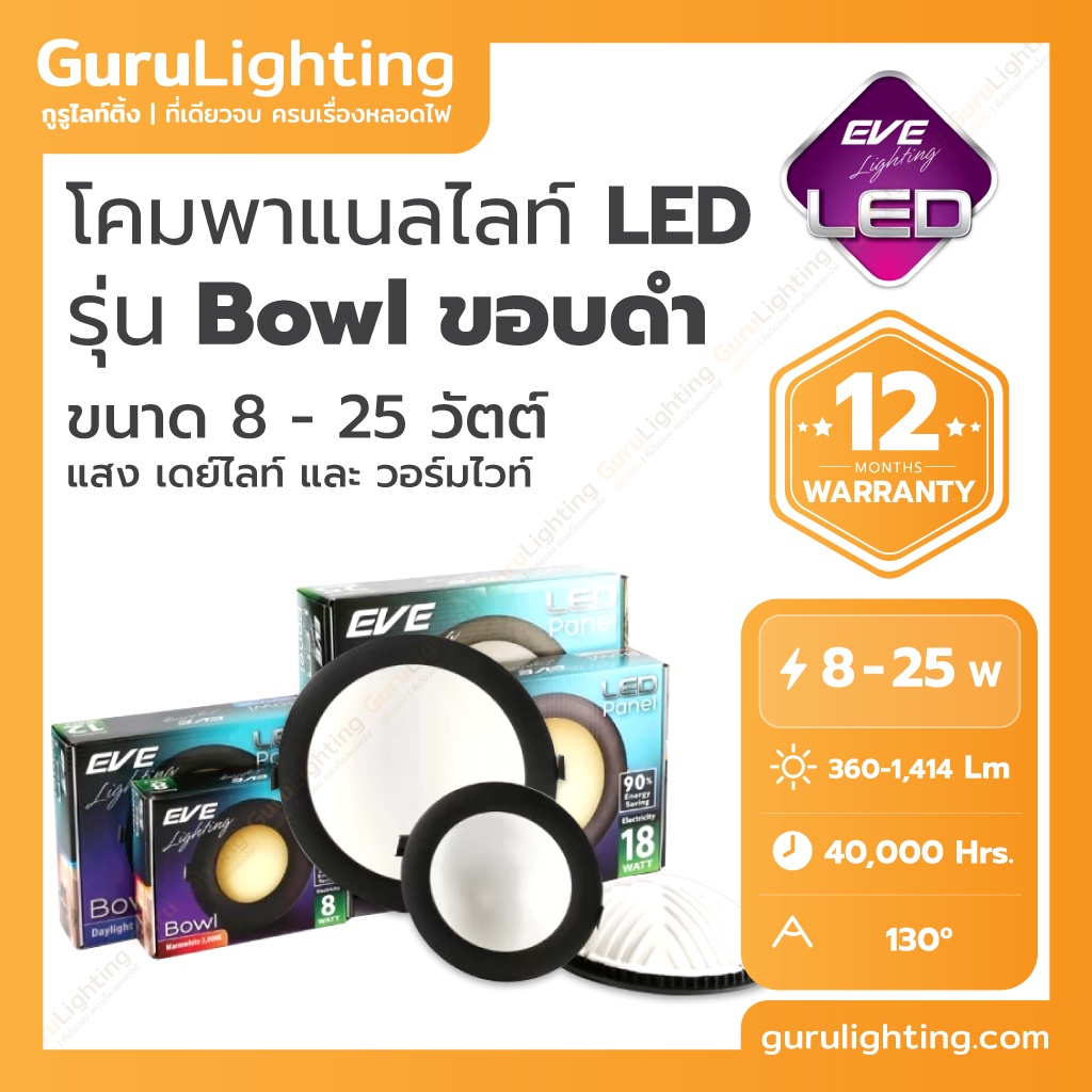 โคมแอลอีดี พาแนล หน้ากลม ขอบดำ EVE Panel LED รุ่น Bowl (30,000 ชั่วโมง) 8W 12W 18W 25W แสงขาว ...