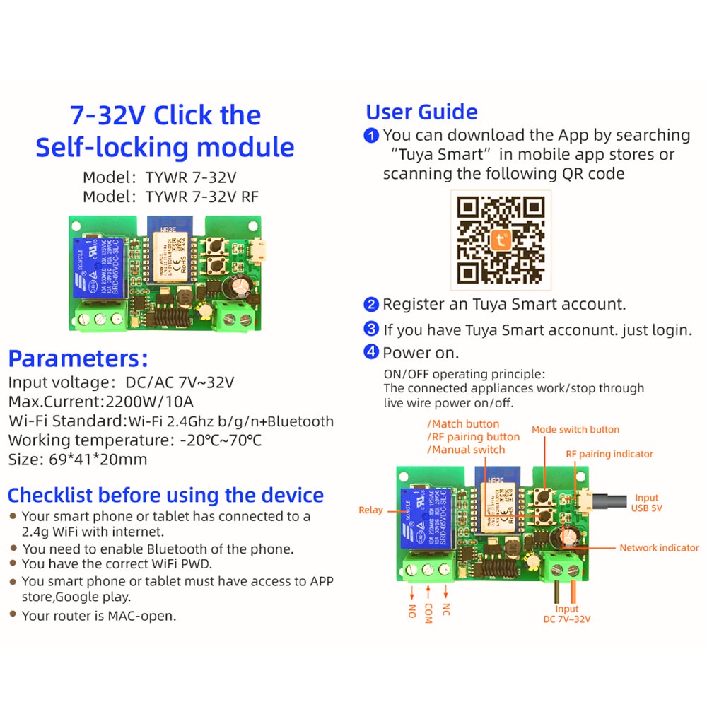 ตาข่ายสีแดงระเบิด&♗ DIYMORE Tuya APP USB 5V / DC7-32 V โมดูลสวิทช์ควบคุมระยะไกล 433 Mhz 1 ...