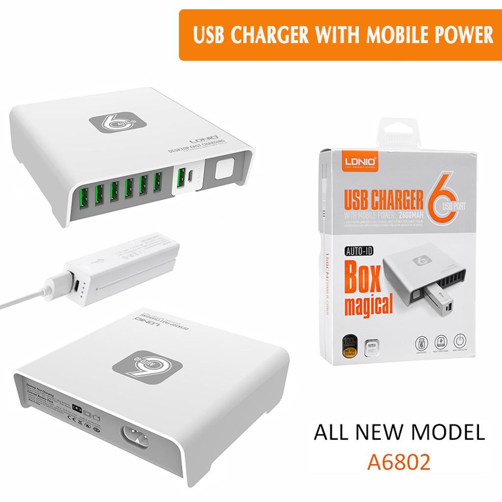 LDNIO A6802 40W 6 พอร์ต USB Charger with Power Bank 2600mAh | Shopee ...
