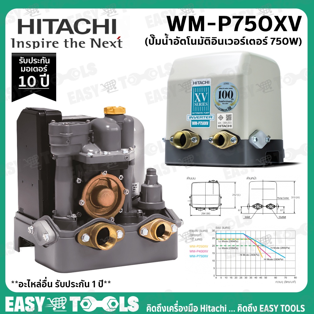 HITACHI ปั๊มน้ำ ปั๊มน้ำอัตโนมัติ ระบบอินเวอร์เตอร์ รุ่น WM-P250XV(250W ...