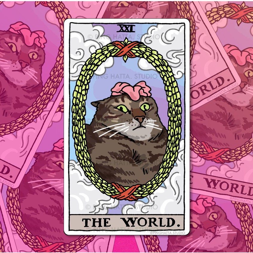 สติกเกอร์ ไดคัท กันน้ำ ไพ่ทาโร่ต์ มีมแมว The World Cat Meme Sticker ...