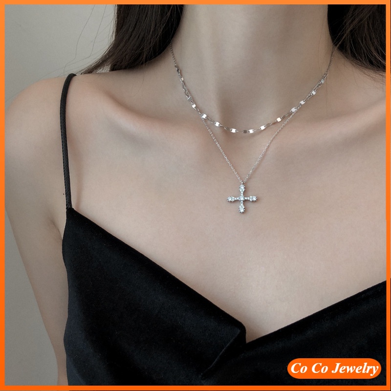Jojo COCO สร้อยคอโซ่เงิน S925 จี้ไม้กางเขนสั้น สองชั้น หรูหรา | Shopee Thailand