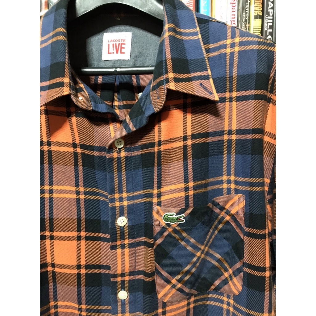 เสื้อเชิ๊ตLACOSTE LIVE XL เสื้อแขนยาวลายสก็อตส้มนำ้เงิน แท้ 100%ไม่มี ...