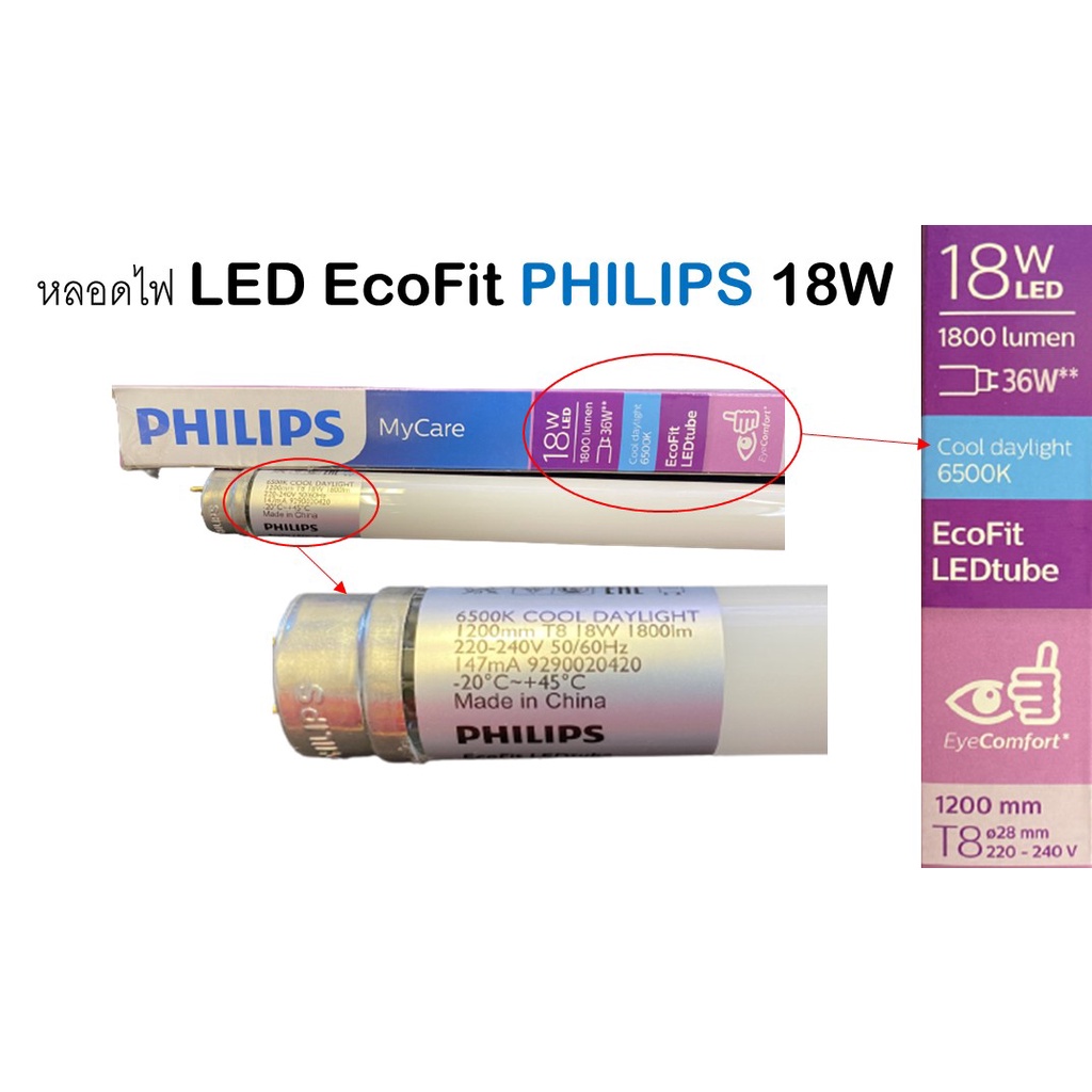 Philips LED tube T8 18w หลอดนีออนฟิลิปส์ รุ่น LED Ecofit 18W ขนาด ...