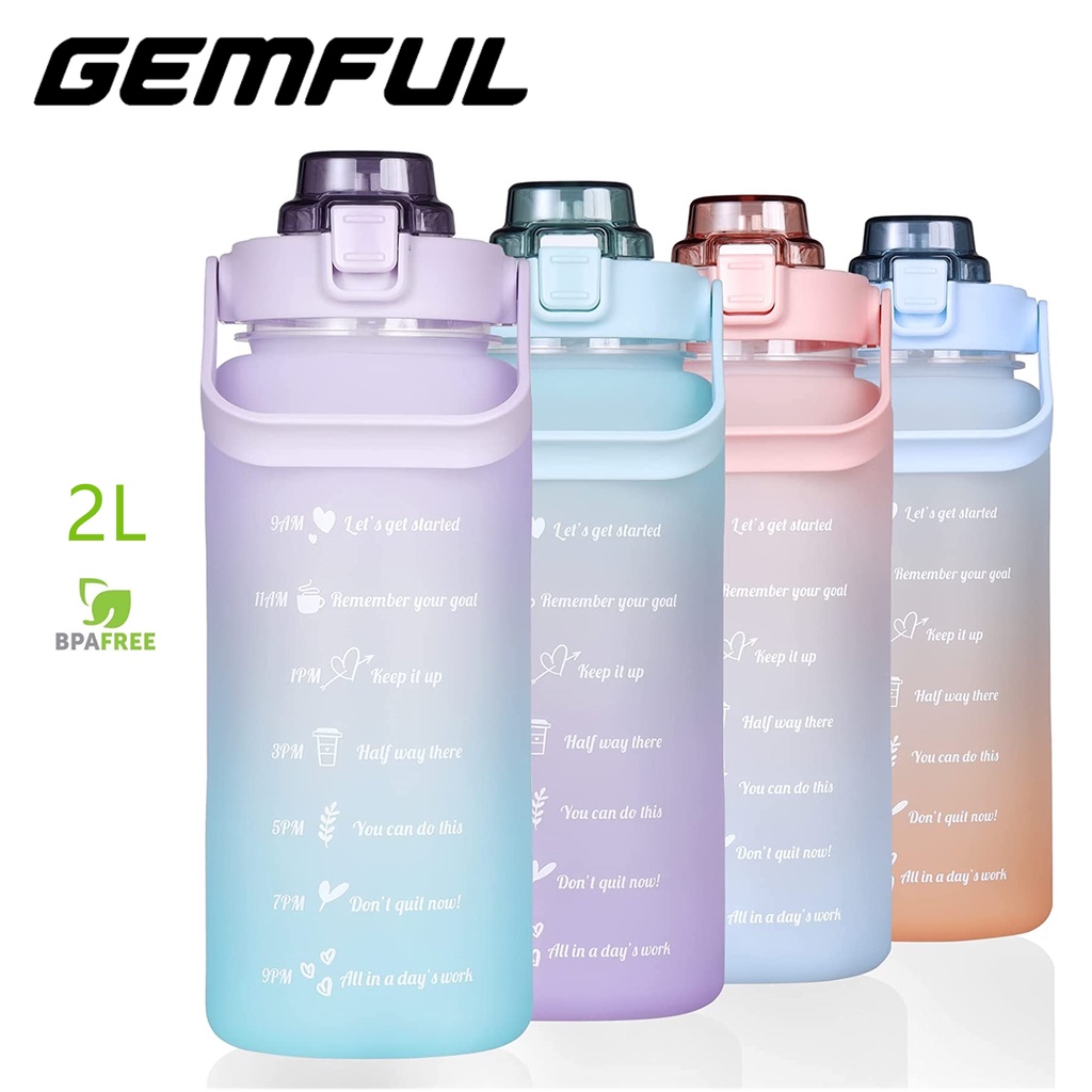Gemful ขวดน้ํา ขนาดใหญ่ 2 ลิตร พร้อมหลอดดูดเวลา ไร้ BPA | Shopee Thailand