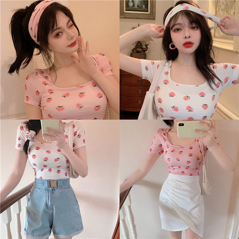 【WANG JIAO ZHAN】เสื้อยืดแขนสั้นคอเหลี่ยมเซ็กซี่แฟชั่นสตรีลายดอกไม้หวาน ...