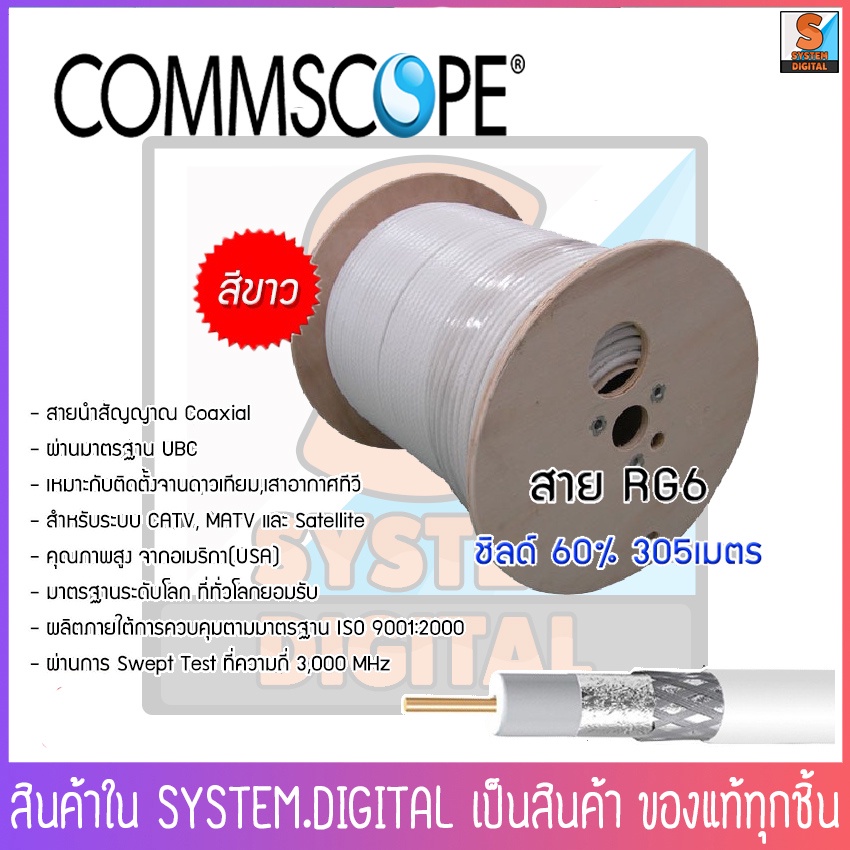 สายนำสัญญาณ แบ่งขาย 10/20/30/40/50เมตร CommScope RG6 ชีลล์ 60% สีขาว ...