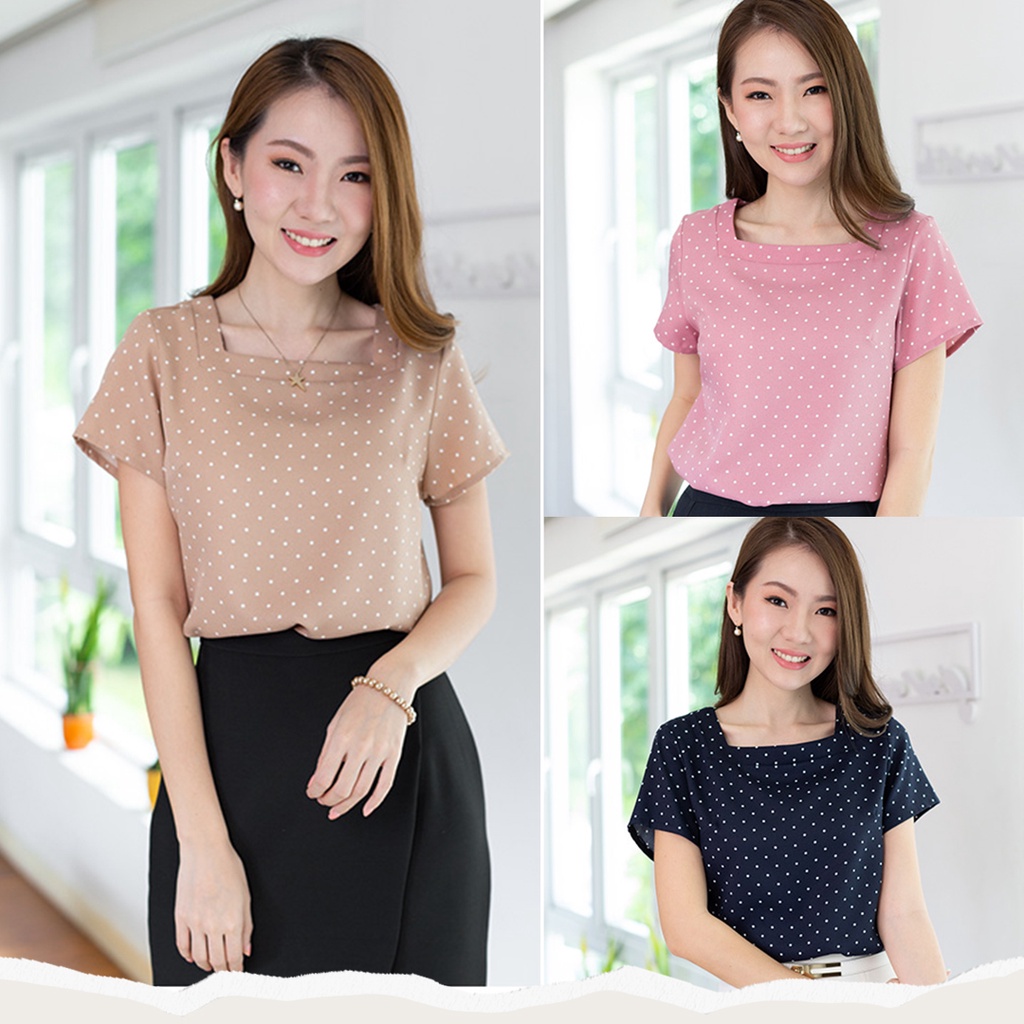 Narinari : MT2805 Square Neckline Dot Blouse เสื้อทำงาน (ใช้โค้ด NARI3ME ลด 45.- เมื่อช้อปครบ ...