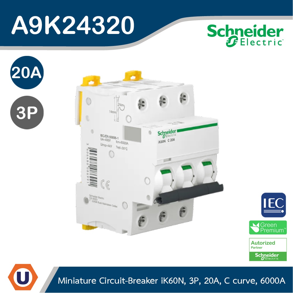 Schneider Miniature Circuit - Breaker, Acti9 iK60N, 3P, 20A, C Curve, 6000A : A9K24320 สั่งซื้อ ...
