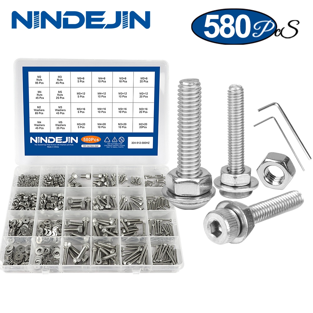 สกรูชุดNINDEJIN 580pcs/set hex socket cap head screw nut set stainless ...