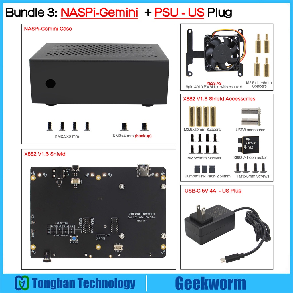 Geekworm NASPi Gemini Dual 2.5" SATA HDD/SSD NAS Case Kit with PWM Fan ...