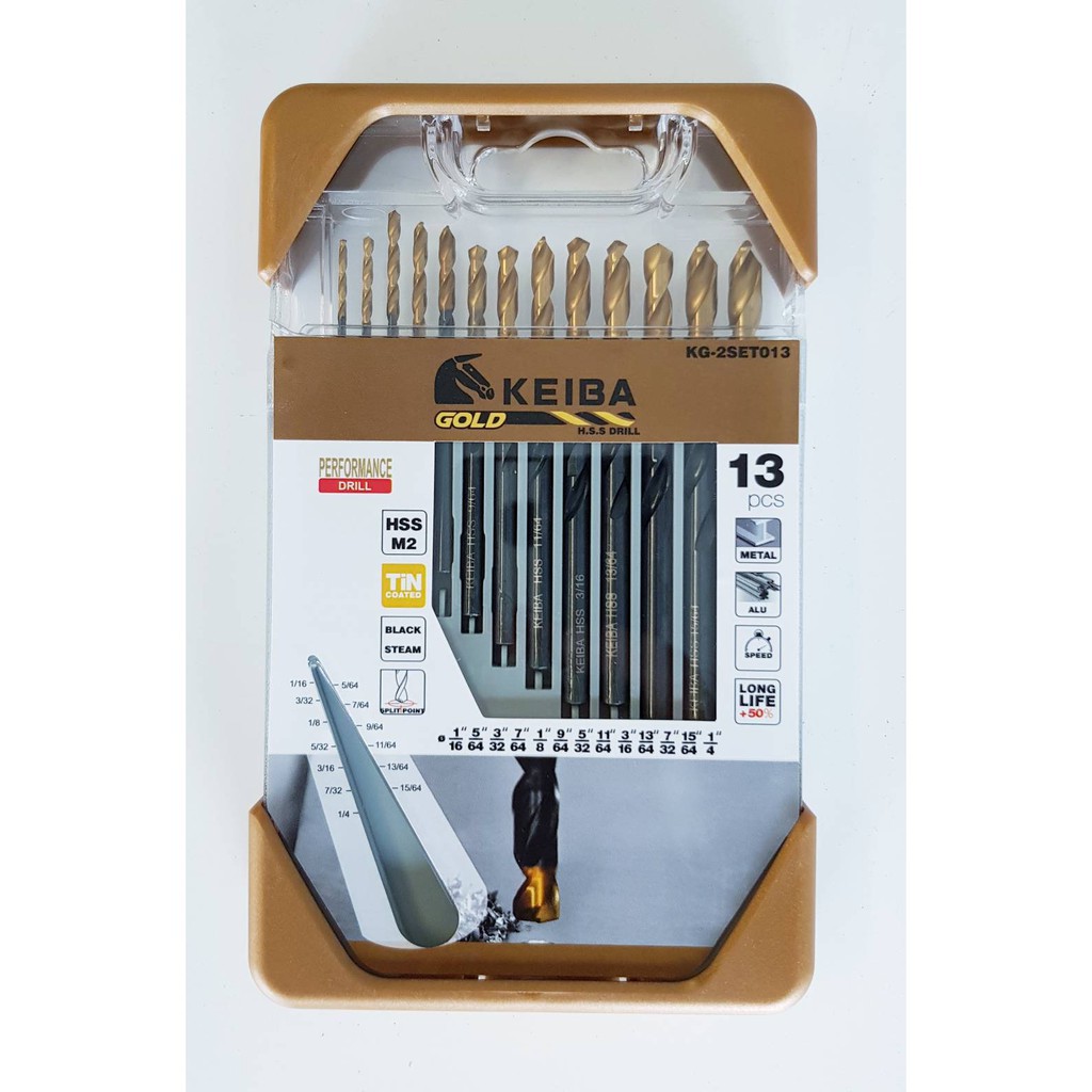 สว่านไฟฟ้าไร้สาย KEIBA GOLD ชุดดอกสว่านเจาะเหล็ก เจาะสแตนเลส ไฮสปีด HSS 13 ตัวชุด (1/16"-1/4 ...