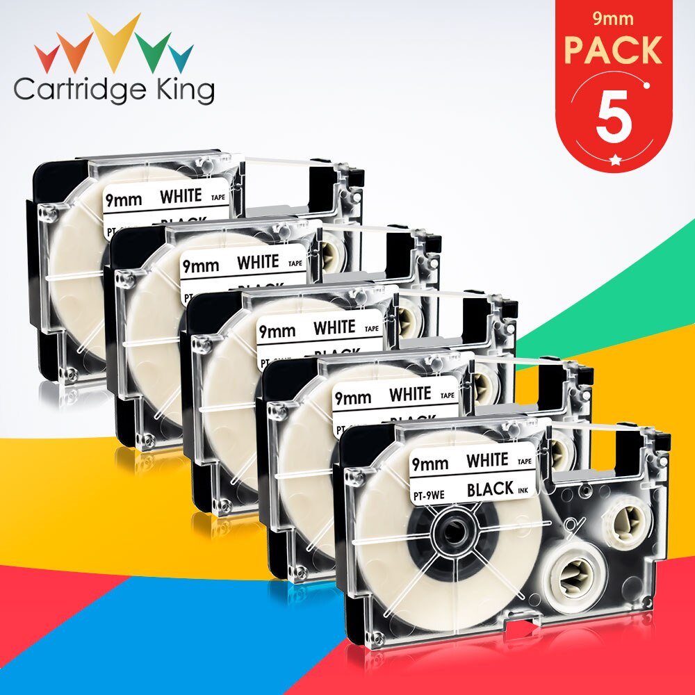 5PK Casio XR-9WE Label Tape Black on White 9mm*8m Compatible for Casio ...