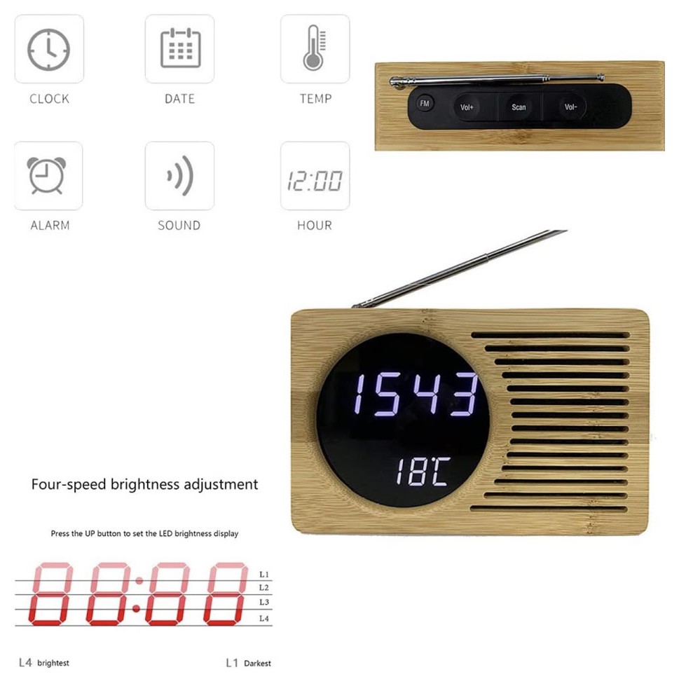 พร้อมส่ง LED Alarm Clock Wooden FM Clock Radio LED Bamboo Wood Clock ...