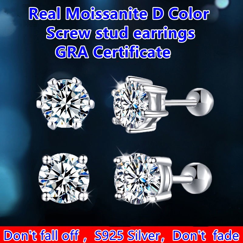 ต่างหูสกรูสี D Moissanite จริงพร้อมใบรับรอง GRA ชุบแพลทินัม S925 เงินสเตอร์ลิงคลาสสิก 6 แฉกและ ...
