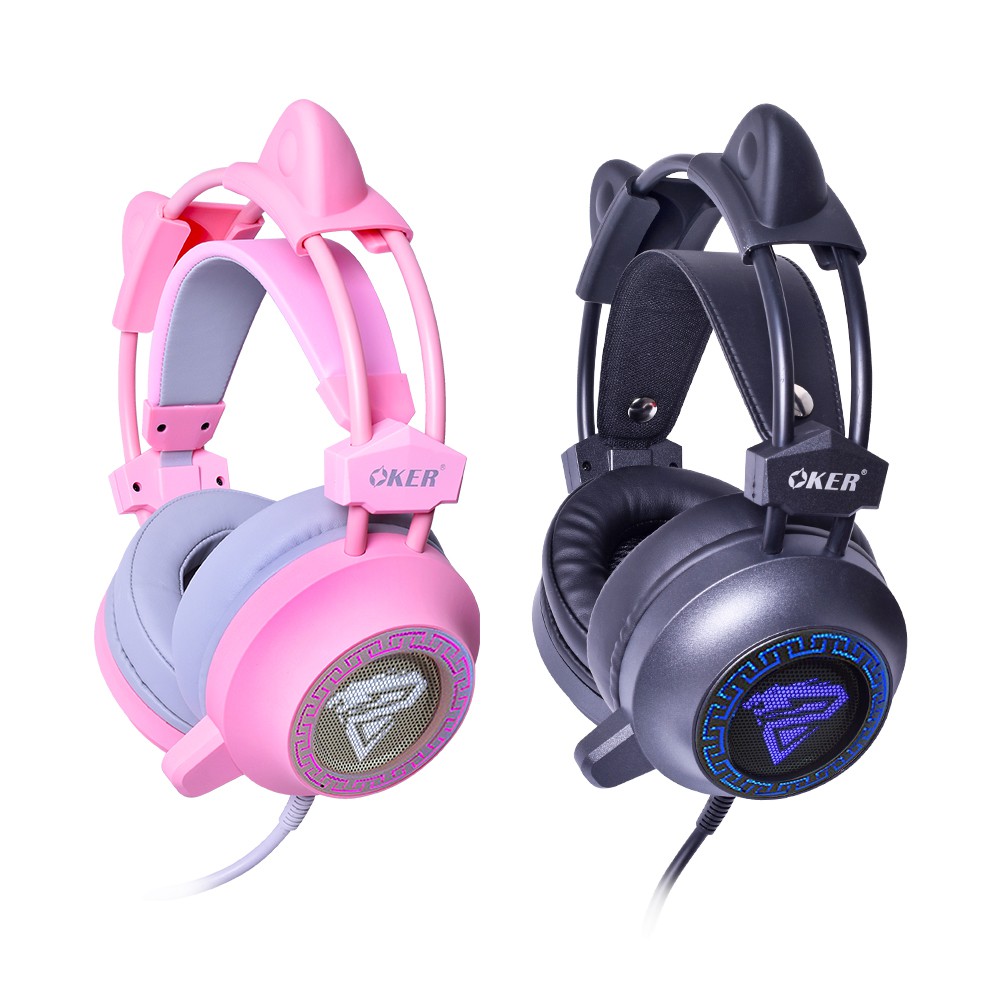 หูฟังเกมมิ่ง USB หูฟังแมว เสียงดี มีไฟ Gamming Headset Oker H995 สีดำ สีชมพู | Shopee Thailand