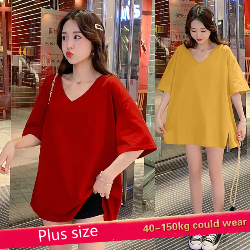 【40 150 กก 】เสื้อยืดแขนสั้น คอวี ทรงหลวม โอเวอร์ไซซ์ สไตล์เกาหลี พลัสไซ