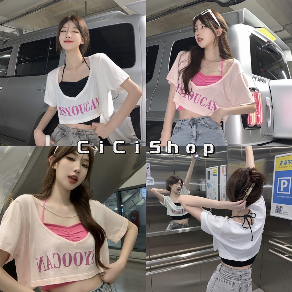 Cicishop(J2088)เซ็ท2ชิ้น เสื้อครอป+สายเดี่ยวคล้องคอดีเทลสายโชว์ น่ารักเซ็กซี่เบาๆ | Shopee Thailand