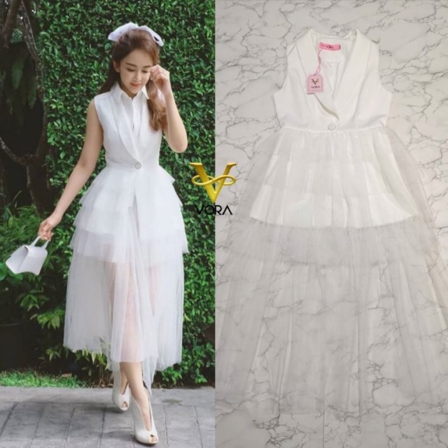 Vora Brand .. Dress สูทตัวยาวแขนกุดแต่งกระดุมด้านหน้า | Shopee Thailand