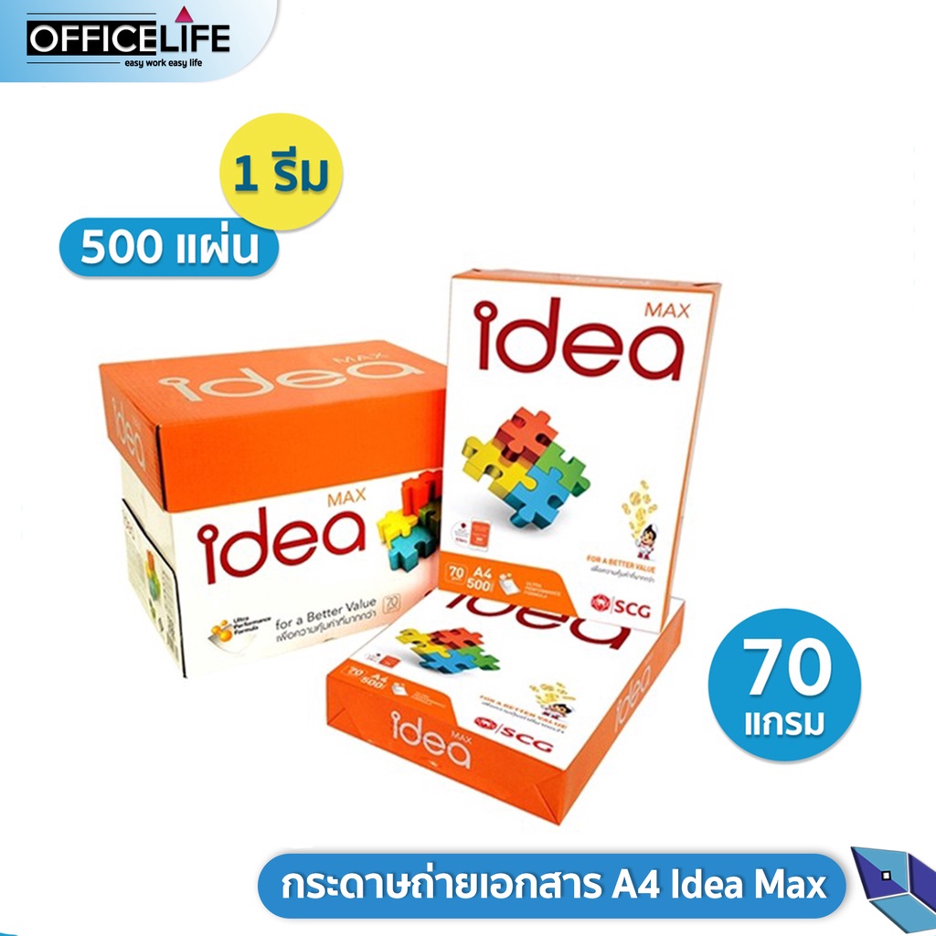 กระดาษถ่ายเอกสาร กระดาษ ขนาด A4 รุ่น Idea Max 70แกรม เนื้อขาว เรียบ เนียน (จำหน่าย 1 รีม / 500 ...