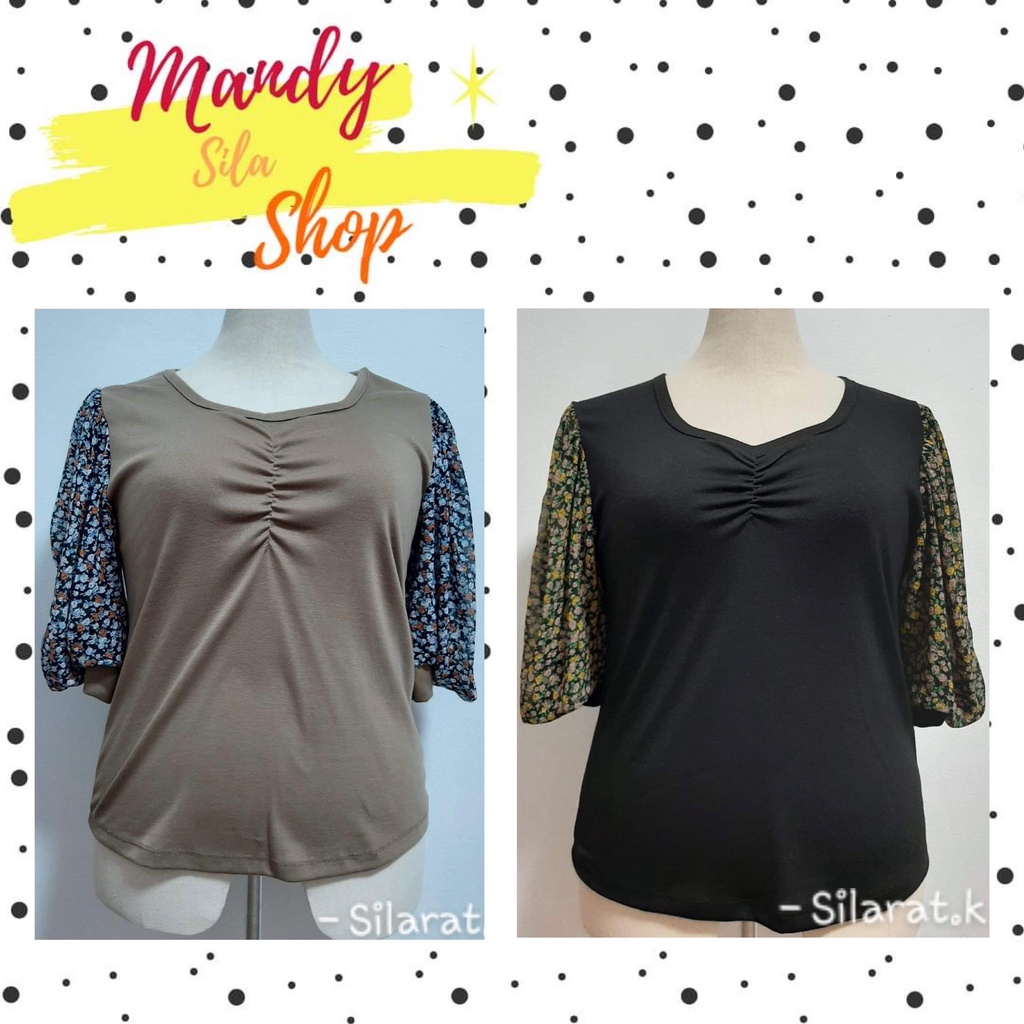 BENCHA เสื้อเรย่อนผสมคอตตอนสีพื้น ยุ้มอก แขนพองลายดอก อก 42 นิ้ว ...