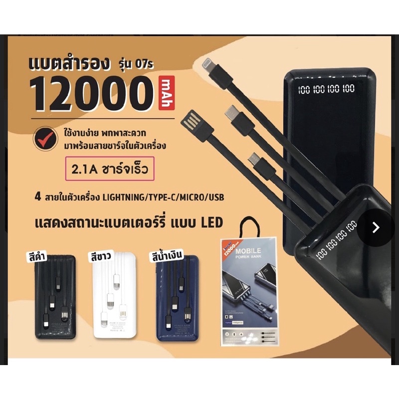 แบตเตอรี่สำรองไฟ usb12,000mahมีportสายชาร์ทในตัว | Shopee Thailand