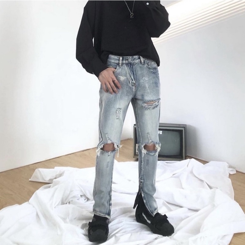 กางเกงยีนส์ผู้ชาย stretch zipper jeans ปลายขาซิป ยีนส์ขาดเข่า ขาดเข่า ฮิปฮอป mnml m1 | Shopee ...