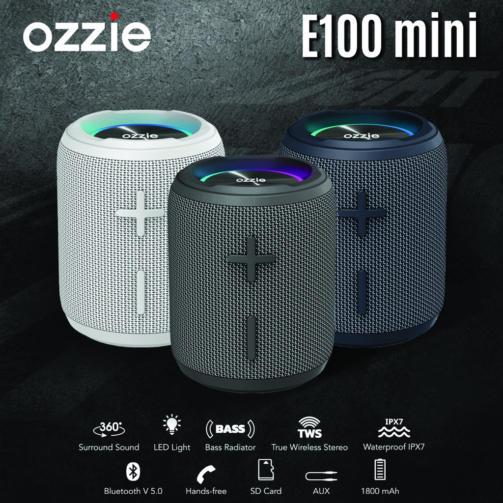 OZZIE ลำโพงกันน้ำแบบพกพาบลูทูธรุ่น E100 Mini มาพร้อมไฟ LED ตามจังหวะเพลง | Shopee Thailand