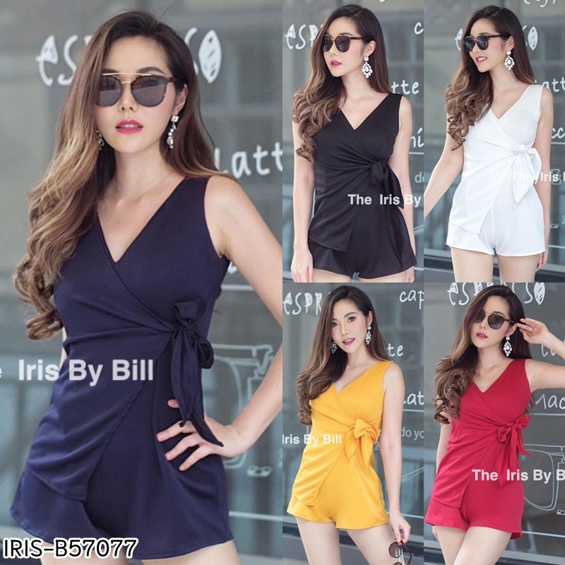 จั้มสูทขาสั้นผูกโบว์ข้าง [B57077] | Shopee Thailand
