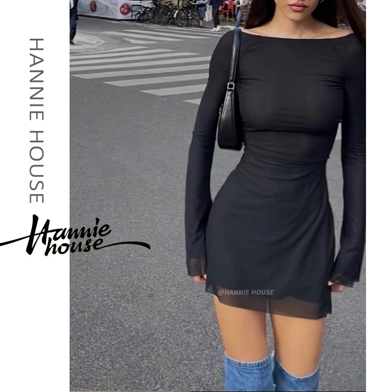 Hannie- ชุดเดรสแขนยาว เปิดหลัง สองชั้น สําหรับผู้หญิง | Shopee Thailand