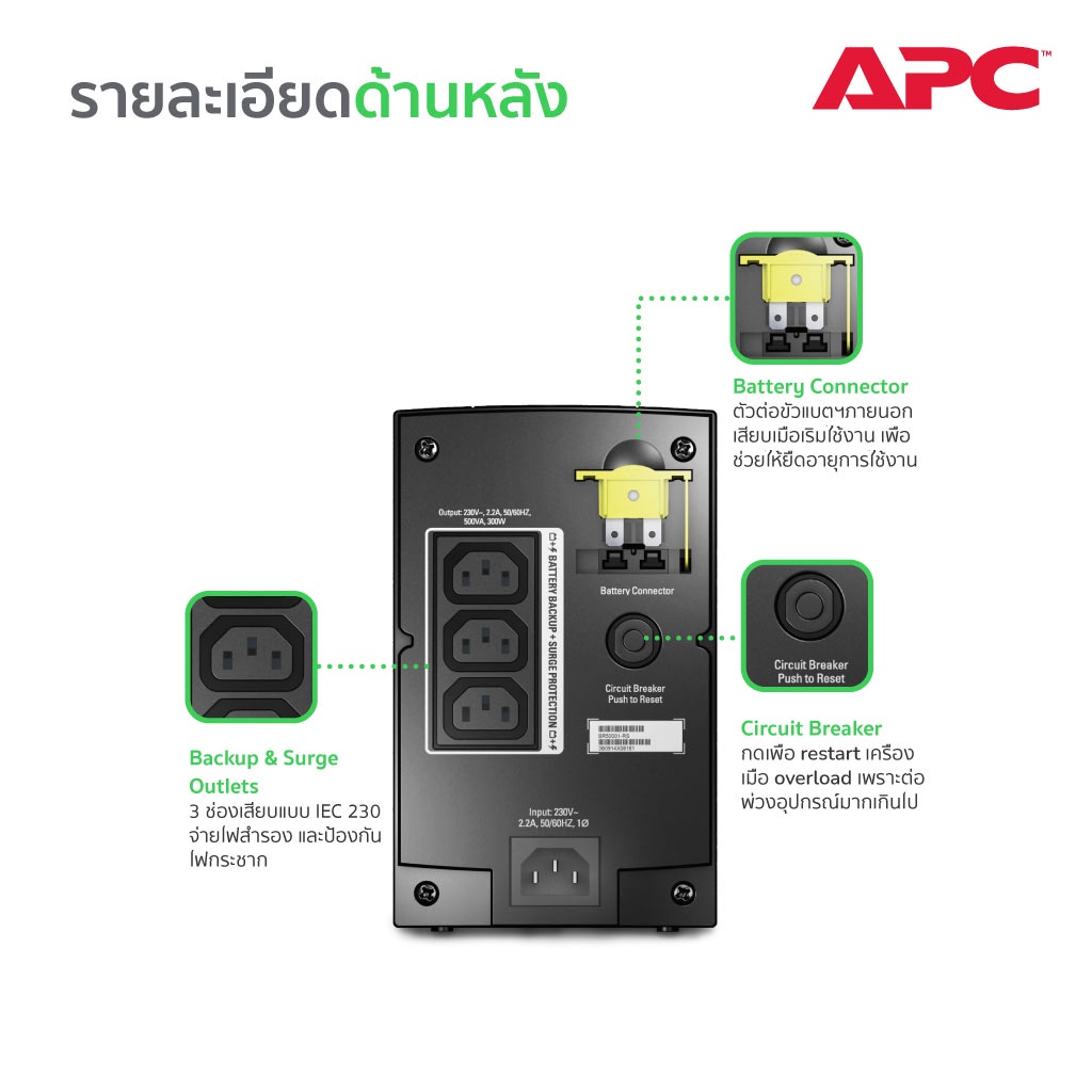 APC Back UPS BR500CI-AS (500VA/300Watt) ระบบ Line Interactive ป้องกัน ...