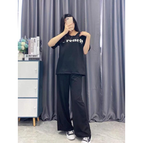 Bentoy(F2)ชุดเซ็ตแฟชั่นสีพื้น เสื้อคอกลมแขนสั้น กางเกงขายาวเอวยางยืดมีเชือก ผ้านิ่ม ยืดได้เยอะ ...