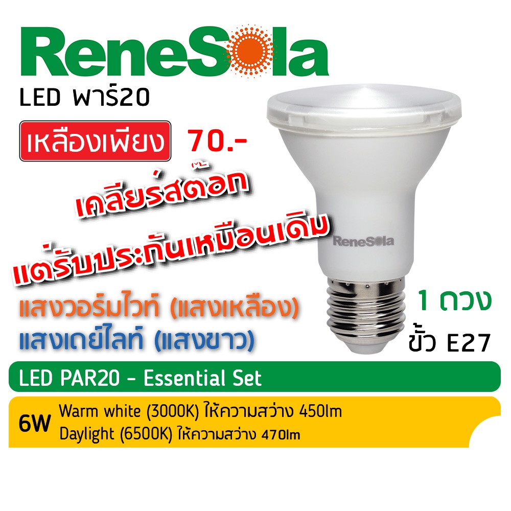 Renesola หลอด LED PAR20 6W E27 ป้องกันไฟกระชาก เรเนโซล่า มาตรฐาน มอก. หลอดไฟ แอลอีดี พาร์ 20 ...
